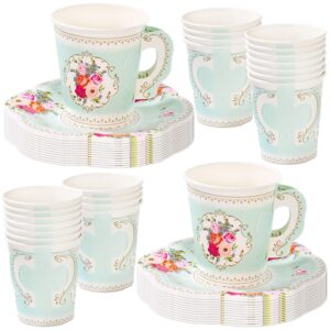 talking tables truly scrumptious vintage floral paper tea cups with handles and saucers for a tea party or birthday (24 count)