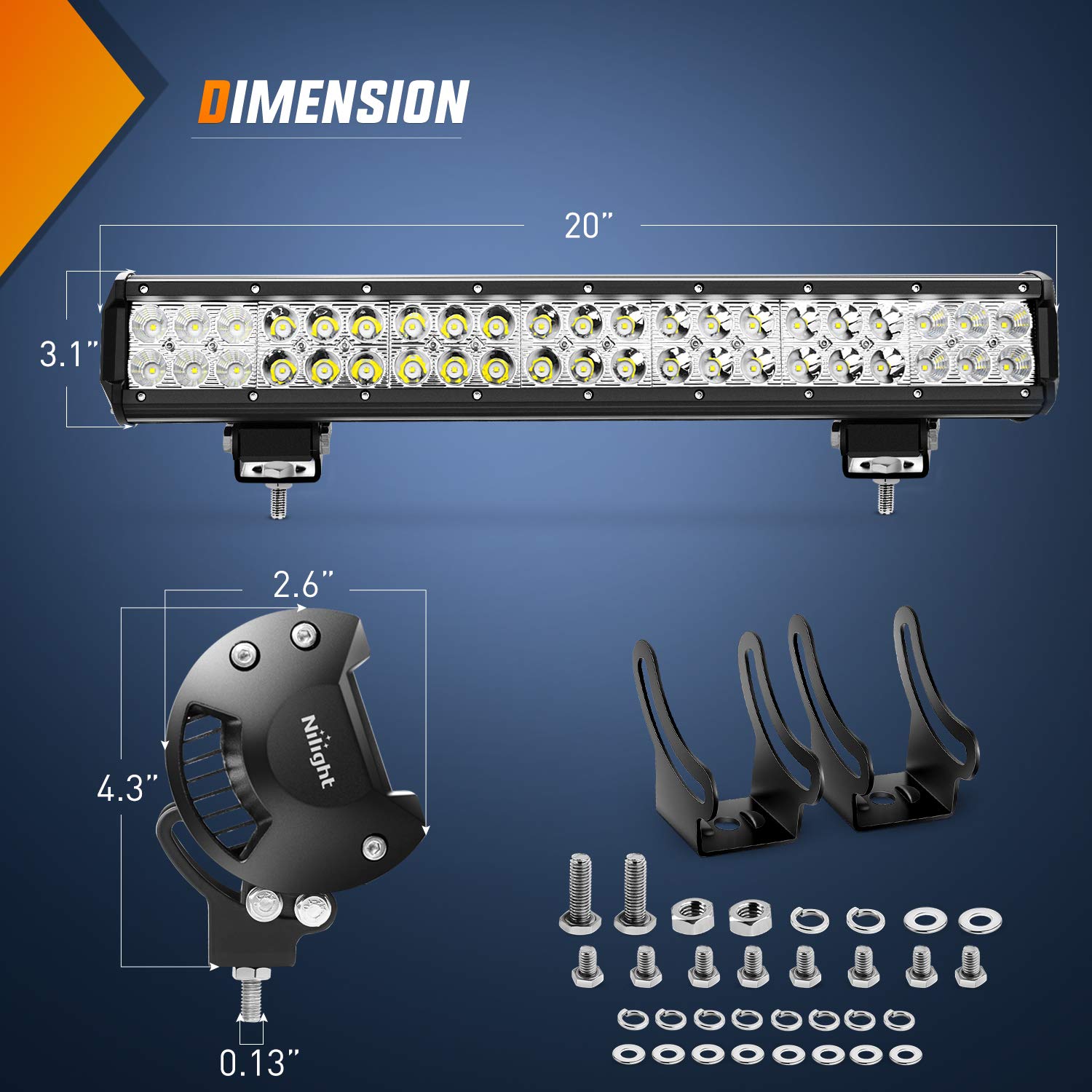 Nilight 20 Inch 126W Spot Flood Combo LED Light Bars Off-Road Light Mounting Bracket Horizontal Bar Tube Clamp with Off Road Wiring Harness, 2 Years Warranty, White