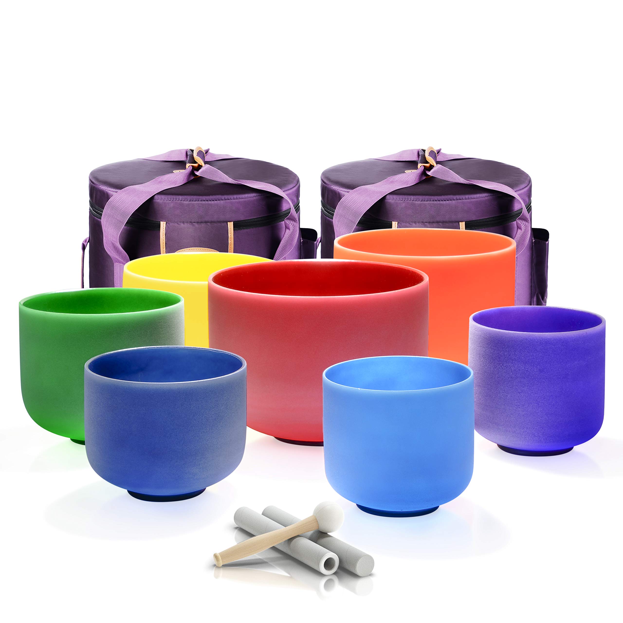 TOPFUND Chakra Set of 7 Color Crystal Singing Bowls 7-12 Inch with Heavy Duty Carrying Cases and Singing Bowl Mallets