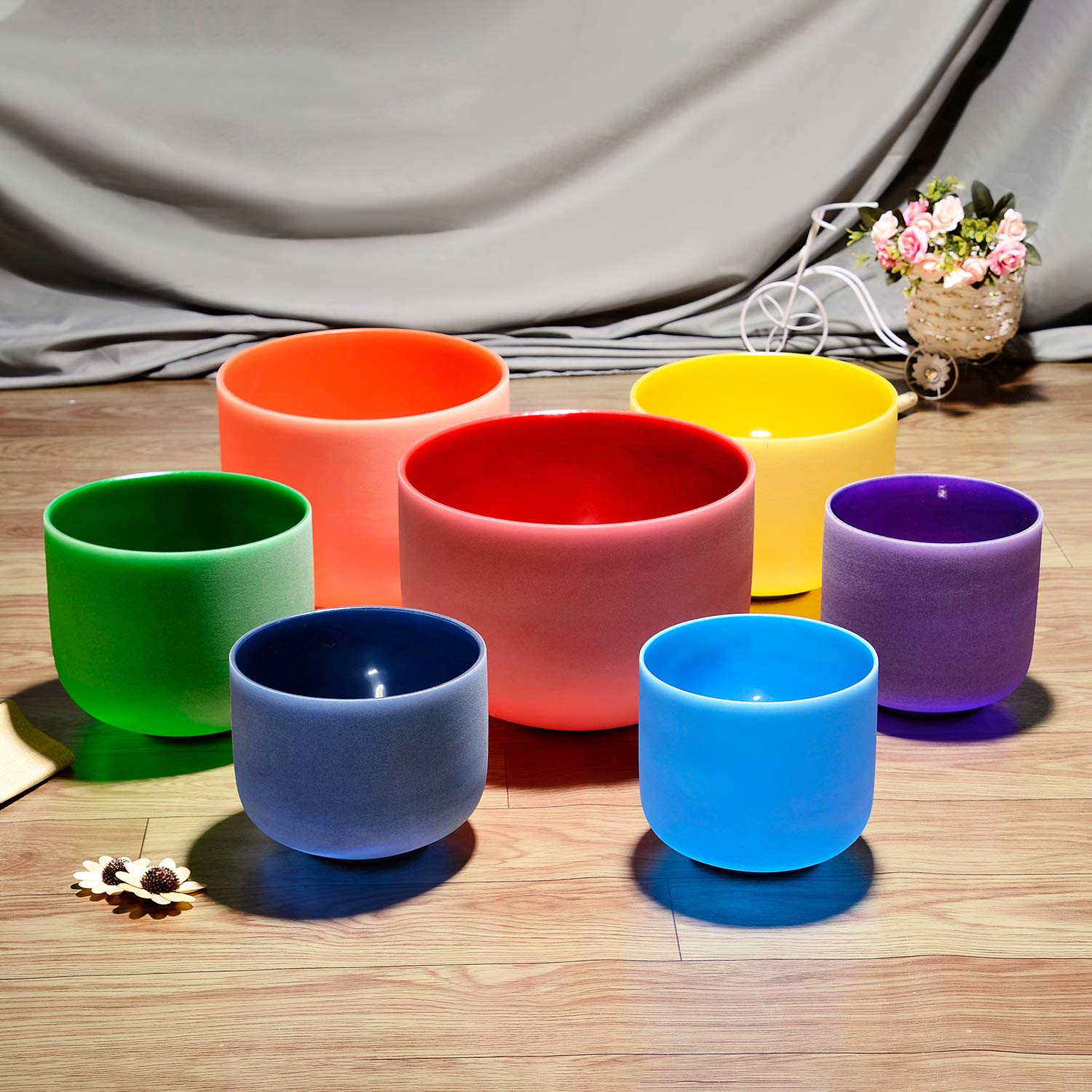 TOPFUND Chakra Set of 7 Color Crystal Singing Bowls 7-12 Inch with Heavy Duty Carrying Cases and Singing Bowl Mallets