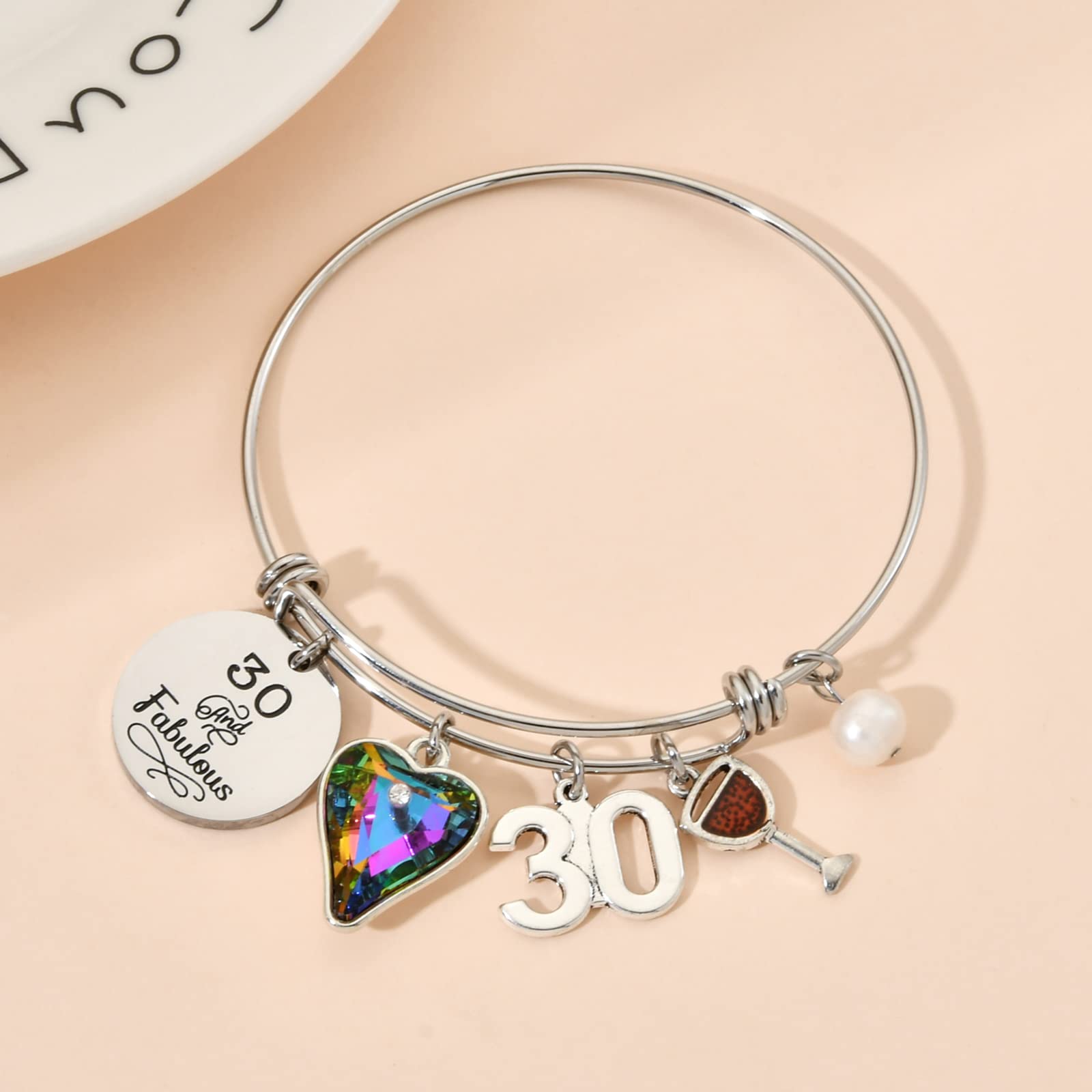 Miss Pink 30th Birthday Jewelry Gifts for Women Stainless Steel Expandable Bangle 30 Year Old Charm Bracelets for Daughter Granddaughter