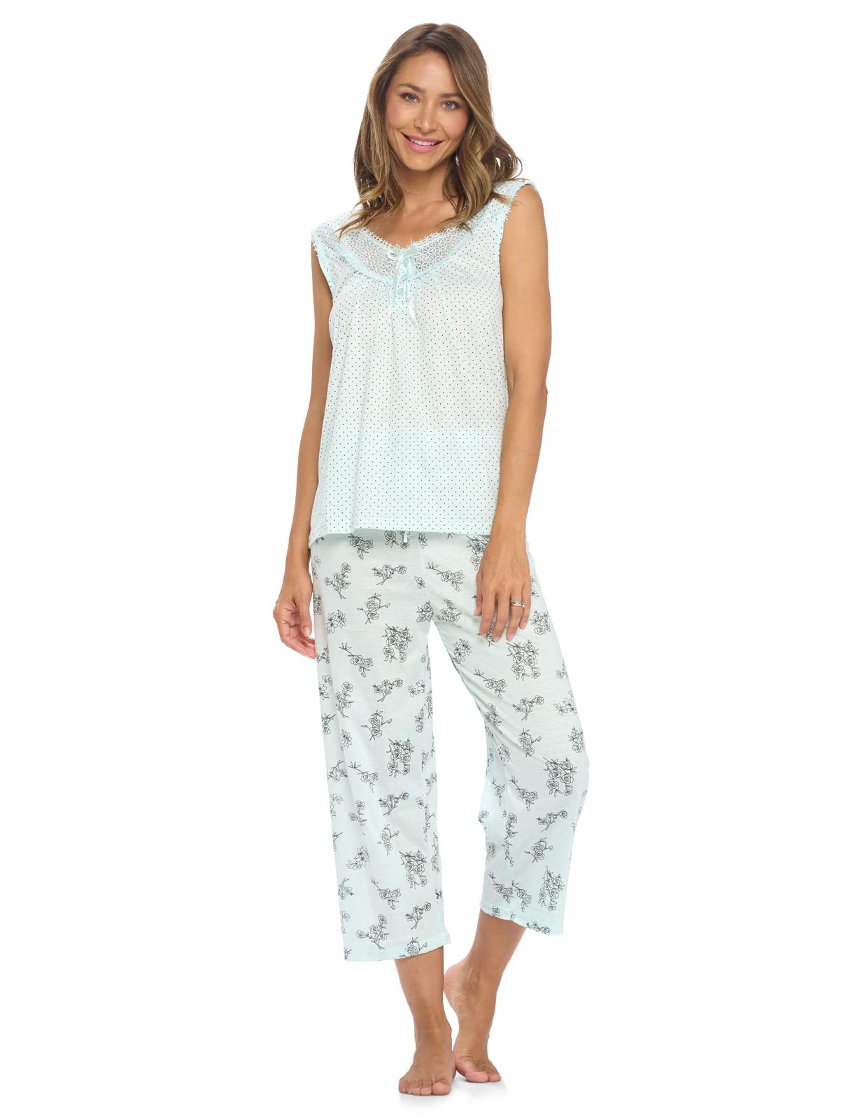 Casual Nights Women's Lace Sleeveless Top and Capri Bottom Sleepwear Pajama Set - Green - 4X-Large