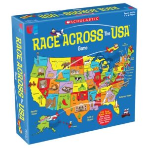 university games, scholastic race across the usa board game , geography learning game for kids and families, for 2 to 4 players ages 8 and up