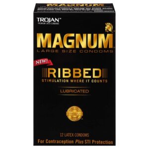 trojan magnum large size condoms ribbed lubricated - 12 ct, pack of 3