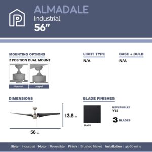 Prominence Home Almadale, 56 Inch Contemporary Indoor Ceiling Fan with No Light, Pull Chain, Modern High Performance Blades, Reversible Motor - 50330-01 (Brushed Nickel)