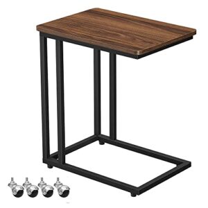 vasagle end table, c shaped tv tray with metal frame rolling casters, industrial side table for living room bedroom, 19.7 x 13.8 x 23.6 inches, dark walnut and black