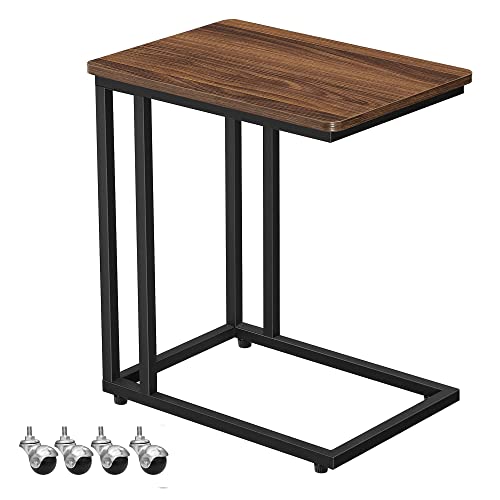 VASAGLE End Table, C Shaped TV Tray with Metal Frame Rolling Casters, Industrial Side Table for Living Room Bedroom, 19.7 x 13.8 x 23.6 Inches, Dark Walnut and Black