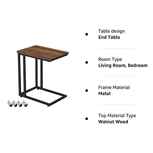 VASAGLE End Table, C Shaped TV Tray with Metal Frame Rolling Casters, Industrial Side Table for Living Room Bedroom, 19.7 x 13.8 x 23.6 Inches, Dark Walnut and Black