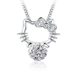 yihua_store cute real 925 sterling silver cat pendant necklace rhinestone ball pendant