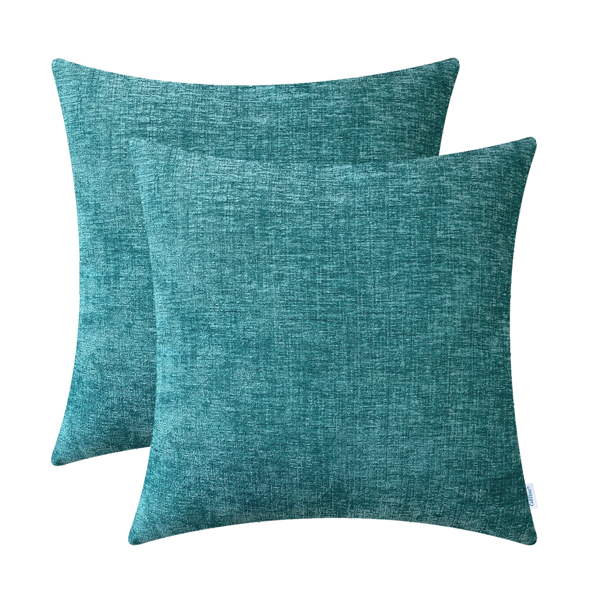 CaliTime Pack of 2 Cozy Throw Pillow Covers Cases for Couch Sofa Home Decoration Solid Dyed Soft Chenille 18 X 18 Inches Teal