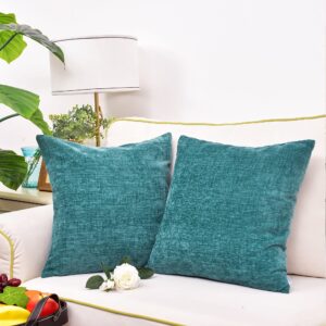 CaliTime Pack of 2 Cozy Throw Pillow Covers Cases for Couch Sofa Home Decoration Solid Dyed Soft Chenille 18 X 18 Inches Teal