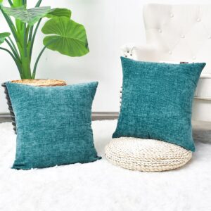 CaliTime Pack of 2 Cozy Throw Pillow Covers Cases for Couch Sofa Home Decoration Solid Dyed Soft Chenille 18 X 18 Inches Teal