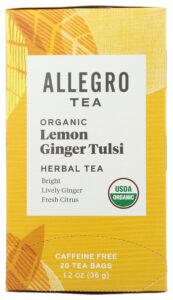 allegro tea, organic lemon ginger tulsi tea bags, 20 ct