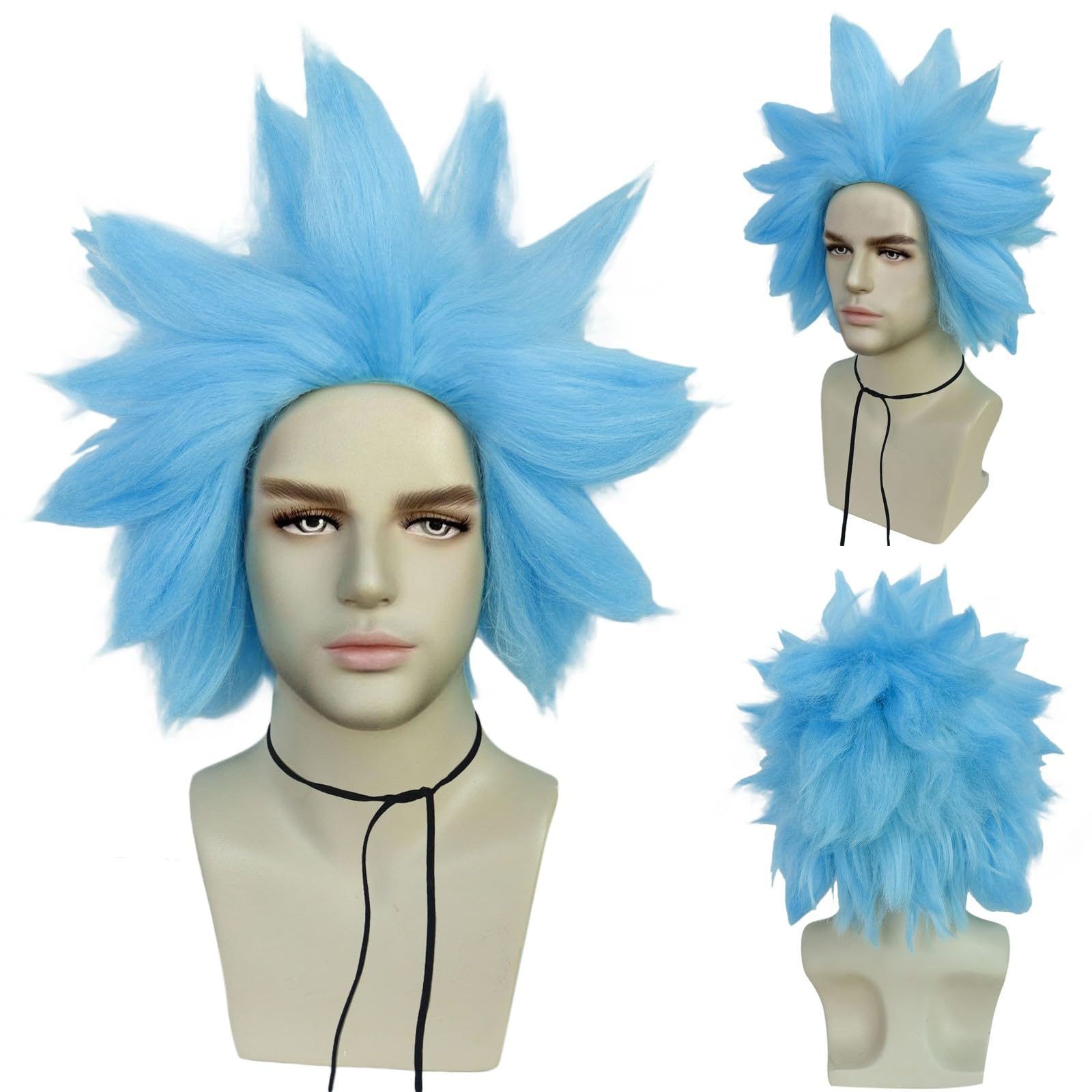 Anogol Hair Cap+ Short Blue Cosplay Wig for Men Blue Spiky Wig For Anime Cartoon Costume Party Wig Funny Wig Short Crazy Wig Blue Strange Wig For Halloween Wig For Christmas Wig