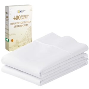 California Design Den King Size Pillowcase Set - 400 Thread Count, 100% Cotton Sateen, Luxury Set of 2 Pillow Covers, Breathable, Cooling, Soft for Comfortable Quality Sleep - Bright White