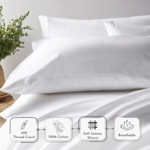 California Design Den King Size Pillowcase Set - 400 Thread Count, 100% Cotton Sateen, Luxury Set of 2 Pillow Covers, Breathable, Cooling, Soft for Comfortable Quality Sleep - Bright White