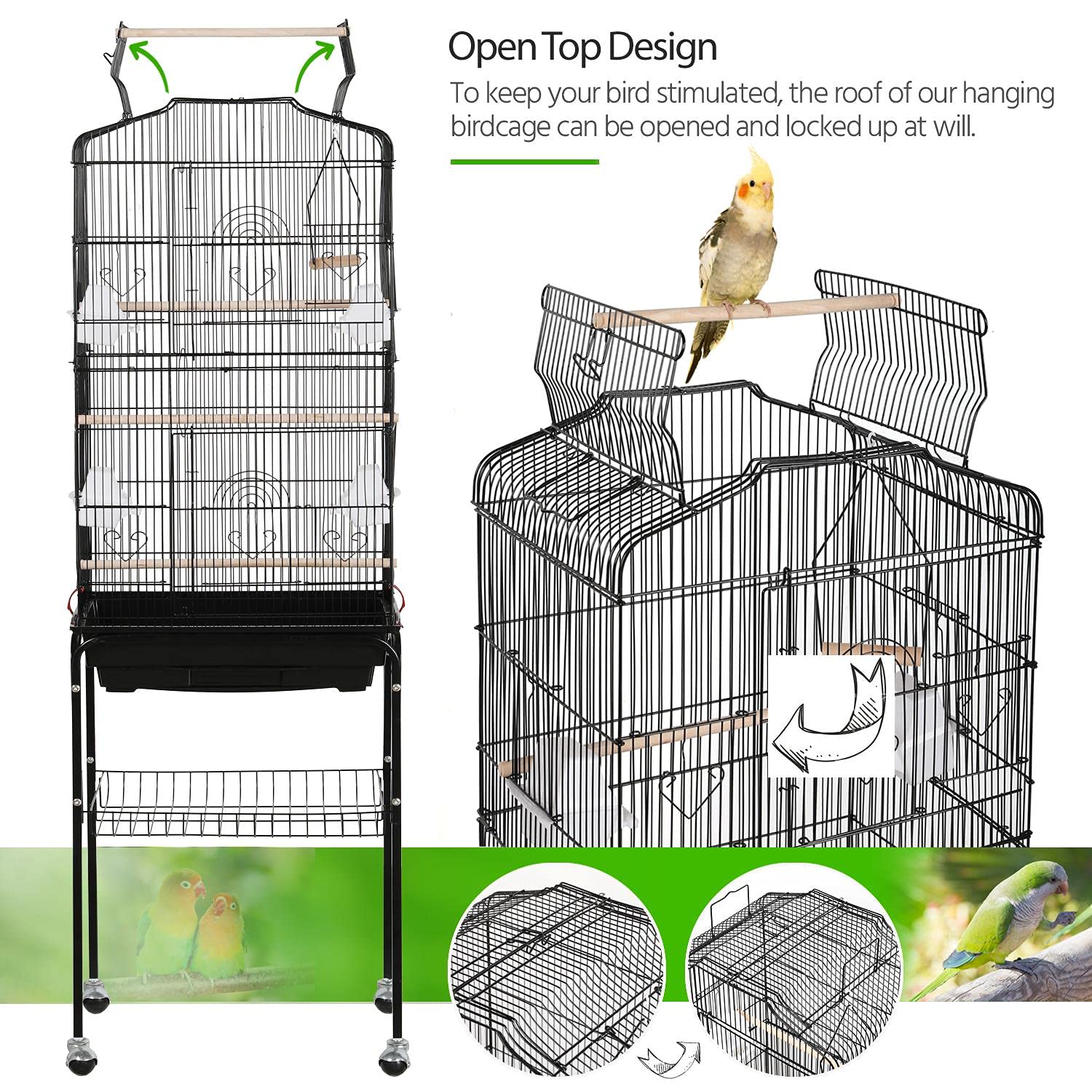 Yaheetech 64-inch Play Open Top Medium Small Bird Cage with Detachable Rolling Stand for Parrot Lovebirds Finches Canaries Parakeets Cockatiels Budgie Parrotlet Conures