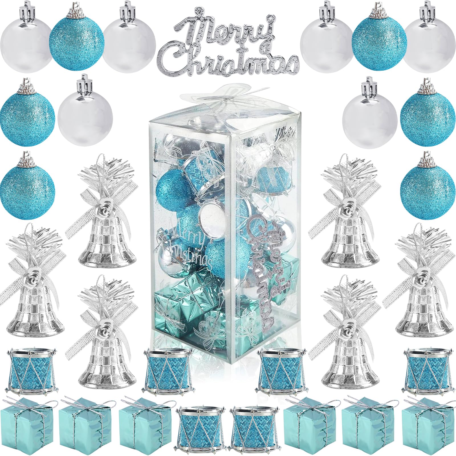 LoveInUSA 32 pcs Christmas Ball Ornaments, Tree Decorations for Xmas, Blue & Silver