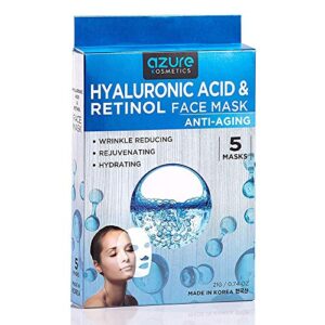 azure hyaluronic acid & retinol anti aging facial mask - dermatologist tested - rejuvenating & hydrating face mask - helps reduce fine lines & wrinkles, smooths & repairs - korean skin care - 5 pack