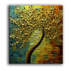 yasheng art - 3d oil paintings on canvas golden flowers tree paintings abstract artwork wall art for living room,dinning room home decor framed stretched ready to hang 24x24inch