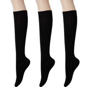 kony womens cotton knee high socks - casual solid & triple stripe colors fashion socks 3 pairs (womens shoe size 5-10) (solid black - 3 pairs)