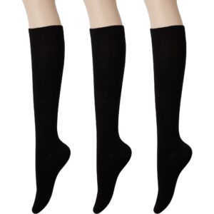 KONY Womens Cotton Knee High Socks - Casual Solid & Triple Stripe Colors Fashion Socks 3 Pairs (Womens Shoe Size 5-10) (Solid Black - 3 Pairs)