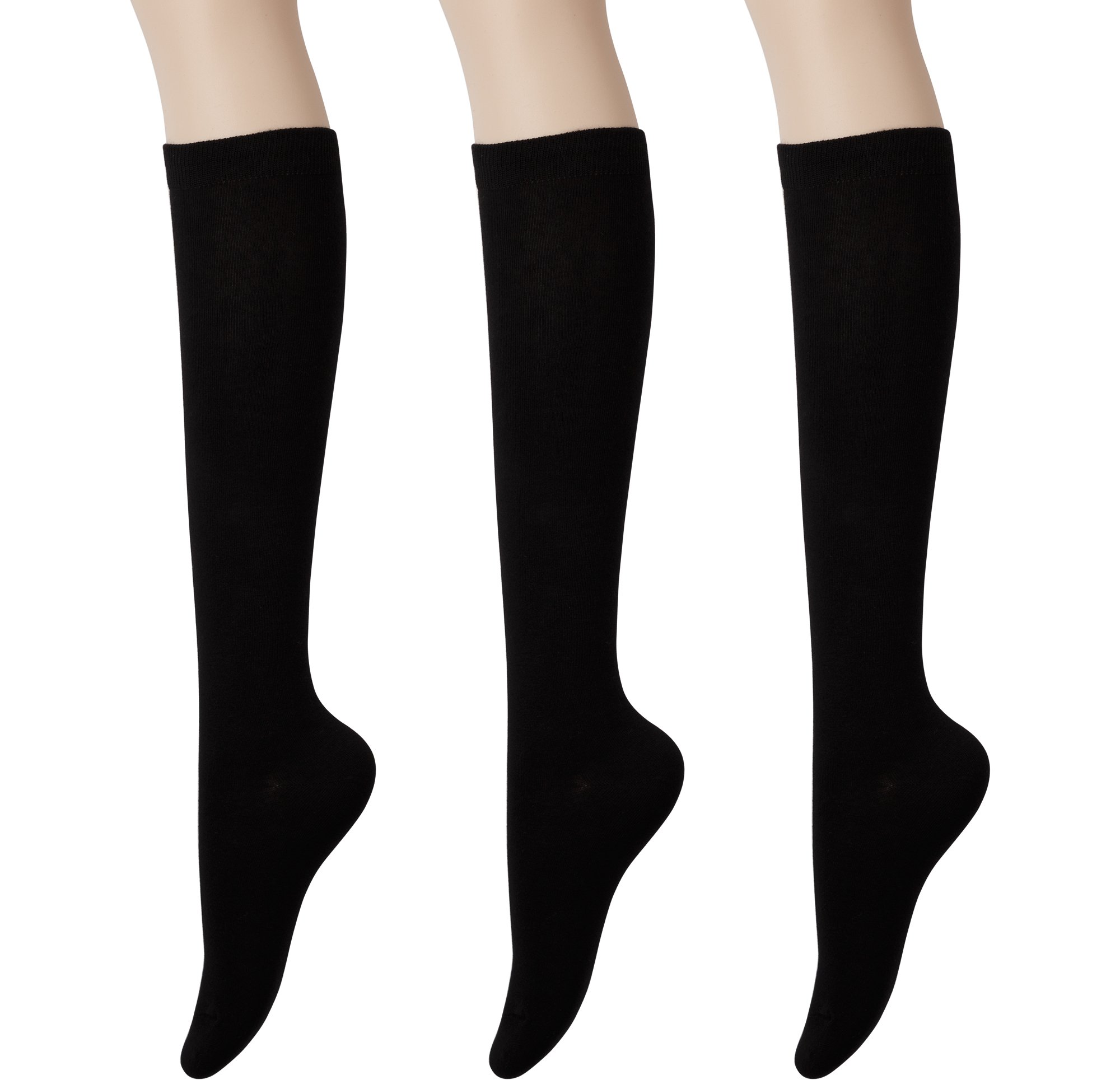 KONY Womens Cotton Knee High Socks - Casual Solid & Triple Stripe Colors Fashion Socks 3 Pairs (Womens Shoe Size 5-10) (Solid Black - 3 Pairs)