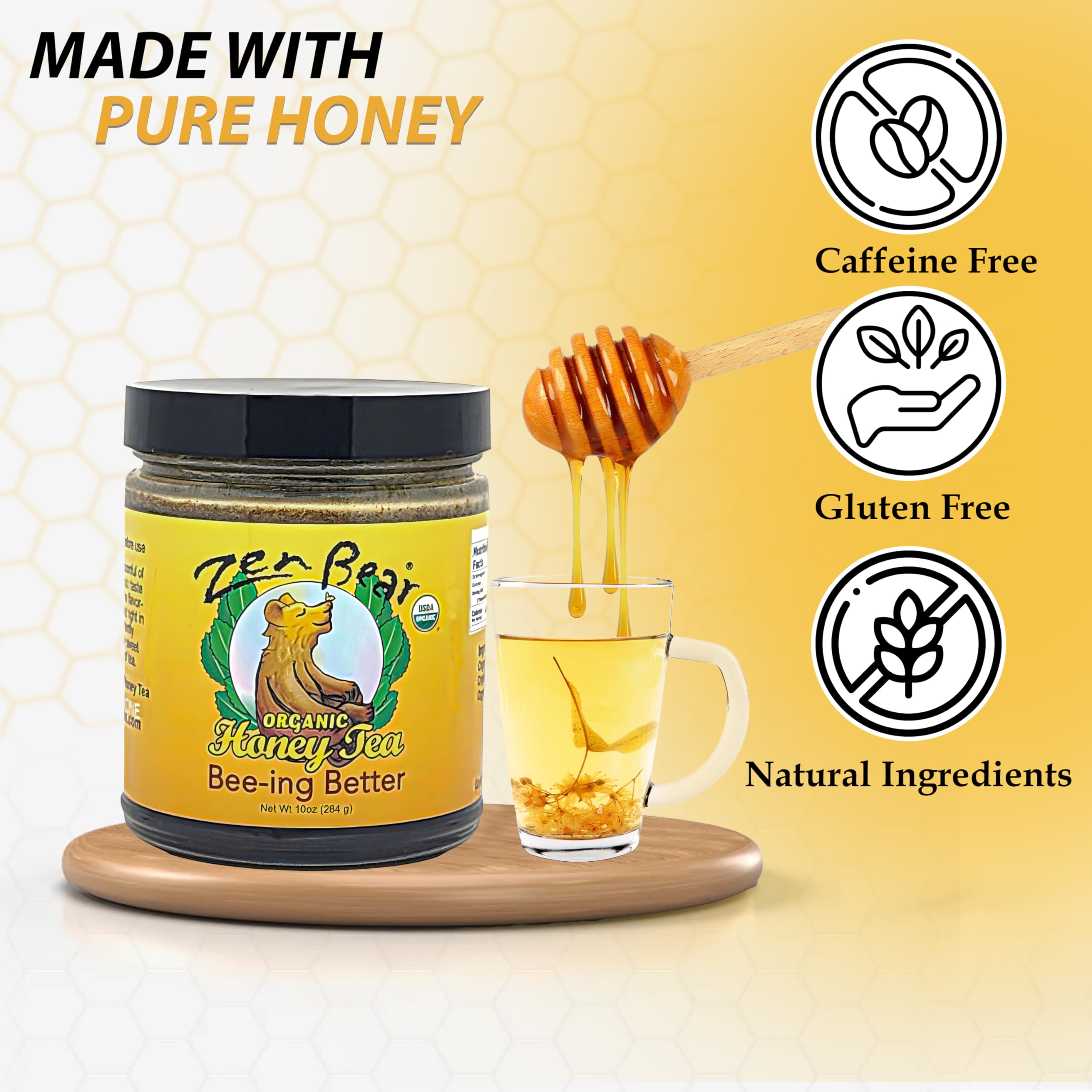 Zen Bear Organic Bee-ing Better Honey Tea - Echinacea, Lemon Balm, Ginger & Cayenne Infused Raw Honey Tea - Daily Well-Being Elixir for Immune Support & Delightful Flavor | 8 oz Jar