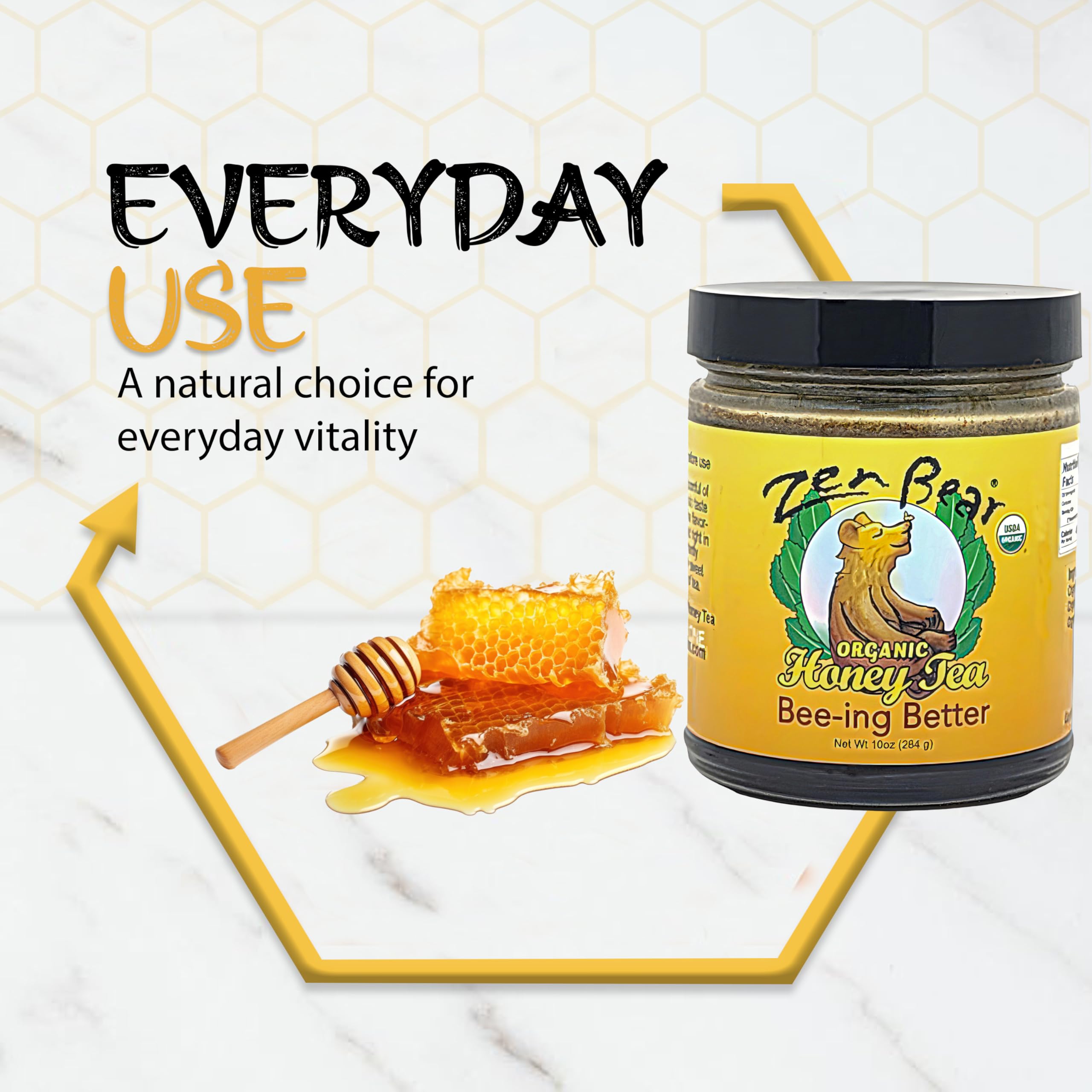 Zen Bear Organic Bee-ing Better Honey Tea - Echinacea, Lemon Balm, Ginger & Cayenne Infused Raw Honey Tea - Daily Well-Being Elixir for Immune Support & Delightful Flavor | 8 oz Jar