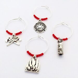 firefighter themed wine charms, wine gift for fire fighter. includes helmet and axe, fire dept emblem, flame, fire extinguisher, and hydrant. set of 5. red beads.