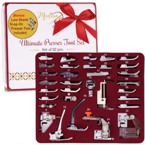 madam sew presser foot set 32 piece set | the only sewing machine presser foot kit with manual and deluxe storage case | numbered slots for organization | compatible with most sewing machines