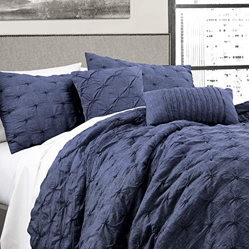 Lush Decor Ravello Pintuck Comforter Set - Luxe 5 Piece Textured Bedding Set - Traditional Glam & Farmhouse Inspired Bedroom Decor - King, Navy