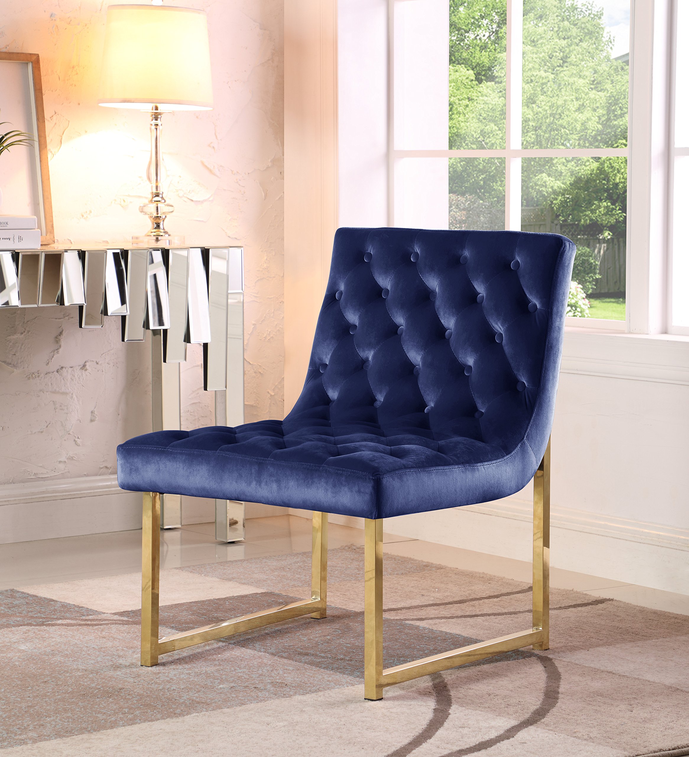 Iconic Home Moriah Accent Chair Sleek Elegant Tufted Velvet Upholstery Plush Cushion Brass Finished Polished Metal Frame, Contemporary Modern, Navy