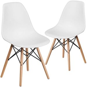 flash furniture elon series plastic modern dining chairs with wooden legs, mid-century side chairs for dining rooms and offices, set of 2, white