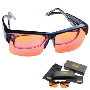 blue light blocking glasses - fits over reading glasses - sleep better at night - orange anti glare lens to reduce insomnia, migraine, eye strain – blue filter computer glasses for men, women, gaming