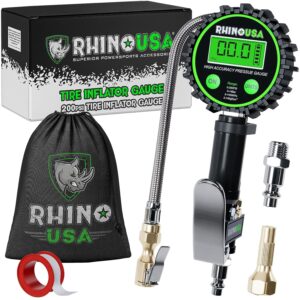 rhino usa digital tire inflator with pressure gauge (0-200 psi) - ansi b40.7 accurate, large 2" easy read glow dial, premium braided hose, solid brass hardware, best for any car, truck, motorcycle, rv