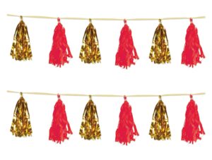 beistle , 2 piece metallic and tissue tassel garlands, 9.75" x 8' (gold/red)