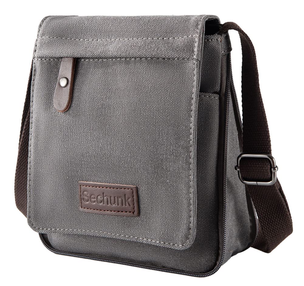 Sechunk Small Vintage Canvas Messenger Cross body bag Shoulder bag (Grey, small)