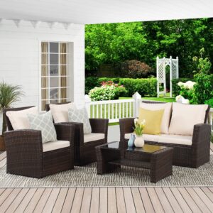 wisteria lane 4 piece outdoor patio furniture sets, wicker conversation set for porch deck, brown rattan sofa chair with cushion