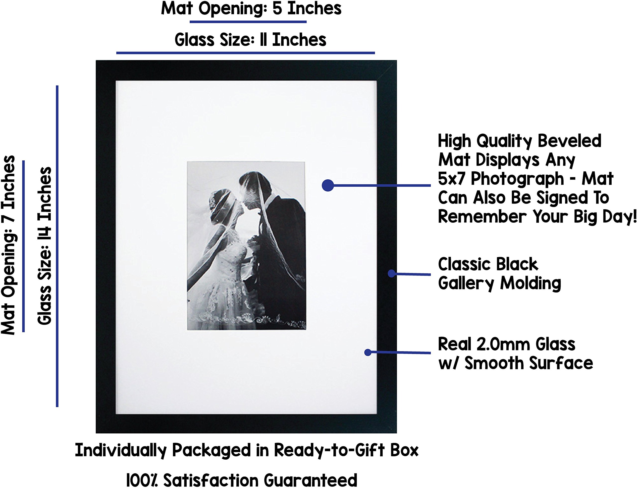 11x14 Black Gallery Picture Frame with 5x7 Mat - Great Gift - Mat for Wedding and Celebration Signatures - Includes Attached Hanging Hardware and Desktop Easel - Display Pictures 5 x 7 or 11 x 14