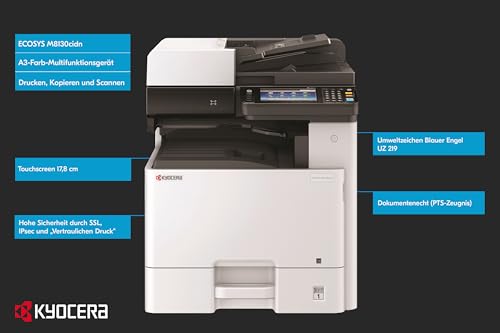 Kyocera 1102P32US0 Model ECOSYS M8130cidn Color A3 MFP Multi-Function Laser Printer (Print/Scan/Copy/Fax), 30 ppm Color, Resolution 600 x 600 dpi Up To Fine 1200 x 1200 dpi, Duplex, HyPAS Capable