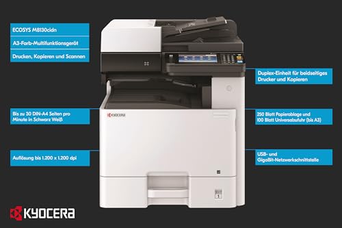 Kyocera 1102P32US0 Model ECOSYS M8130cidn Color A3 MFP Multi-Function Laser Printer (Print/Scan/Copy/Fax), 30 ppm Color, Resolution 600 x 600 dpi Up To Fine 1200 x 1200 dpi, Duplex, HyPAS Capable