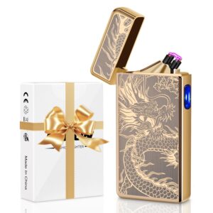 lcfun electric usb rechargeable lighter, windproof plasma dual arc lighter, electronic flameless cool lighters gifts for men fathers husband (gold dragon)