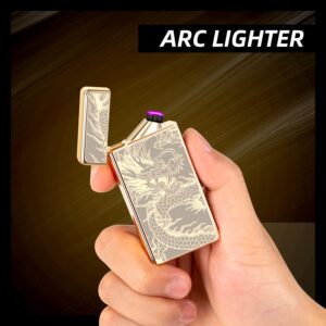 LcFun Electric USB Rechargeable Lighter, Windproof Plasma Dual Arc Lighter, Electronic Flameless Cool Lighters Gifts for Men Fathers Husband (Gold Dragon)