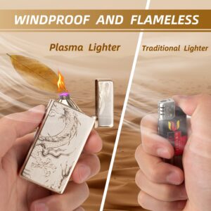 LcFun Electric USB Rechargeable Lighter, Windproof Plasma Dual Arc Lighter, Electronic Flameless Cool Lighters Gifts for Men Fathers Husband (Gold Dragon)