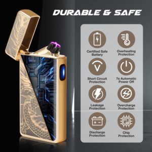 LcFun Electric USB Rechargeable Lighter, Windproof Plasma Dual Arc Lighter, Electronic Flameless Cool Lighters Gifts for Men Fathers Husband (Gold Dragon)