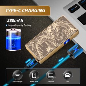 LcFun Electric USB Rechargeable Lighter, Windproof Plasma Dual Arc Lighter, Electronic Flameless Cool Lighters Gifts for Men Fathers Husband (Gold Dragon)