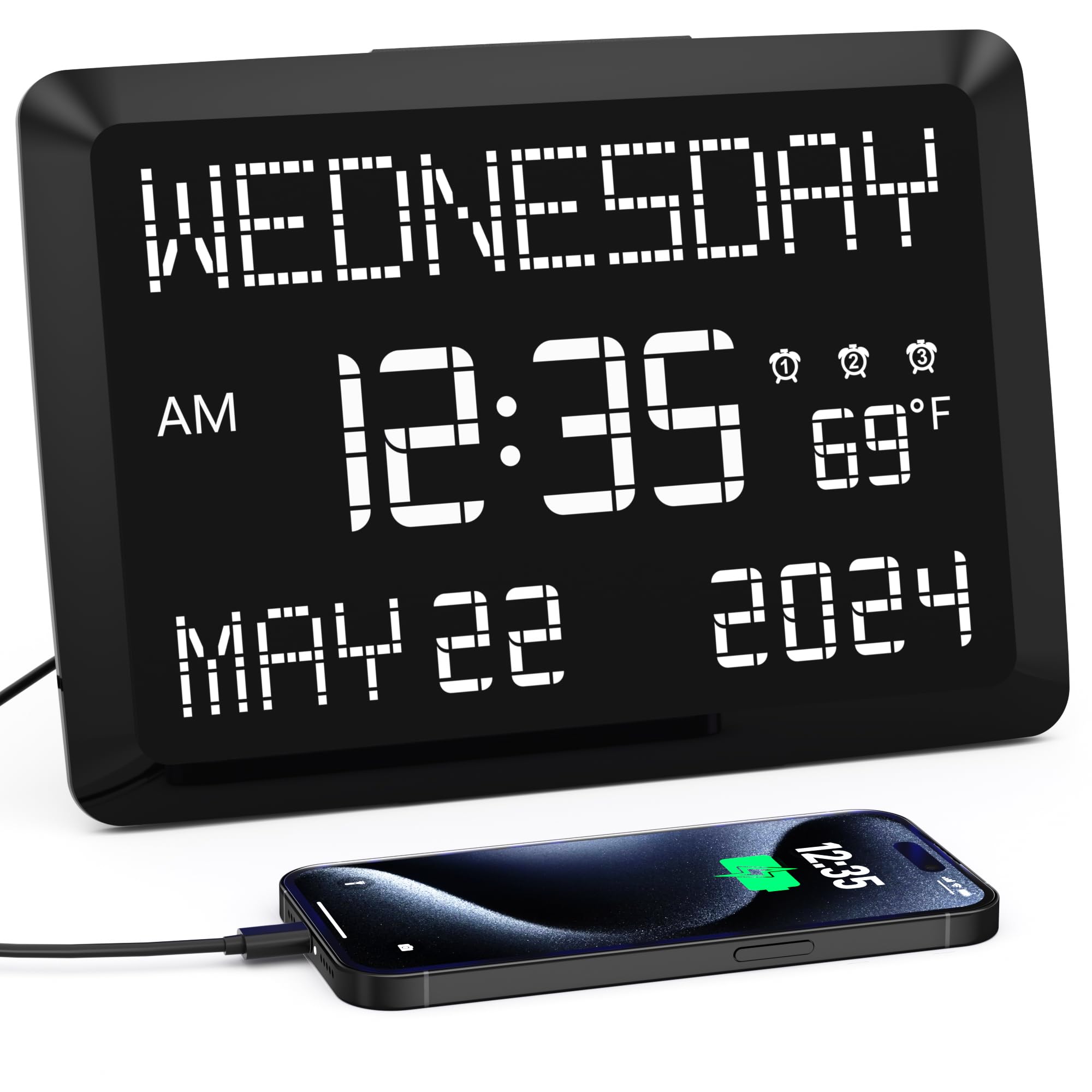 11.5” Digital Wall Clock with Date,Time,Week,Indoor Temperature,3 Alarms,5 Dimmer,2 USB Chargers,Battery Backup,Snooze,12/24H for Elderly,Parents,Impaired Vision,Dementia,Memory Loss,Office,Bedroom