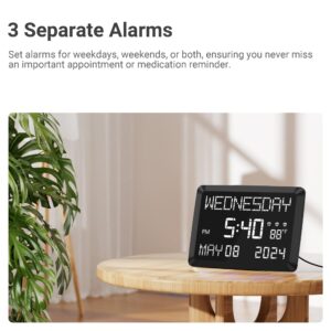 11.5” Digital Wall Clock with Date,Time,Week,Indoor Temperature,3 Alarms,5 Dimmer,2 USB Chargers,Battery Backup,Snooze,12/24H for Elderly,Parents,Impaired Vision,Dementia,Memory Loss,Office,Bedroom