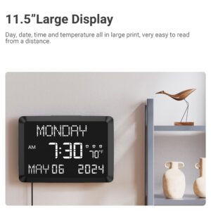 11.5” Digital Wall Clock with Date,Time,Week,Indoor Temperature,3 Alarms,5 Dimmer,2 USB Chargers,Battery Backup,Snooze,12/24H for Elderly,Parents,Impaired Vision,Dementia,Memory Loss,Office,Bedroom